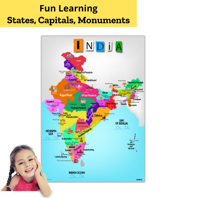 Monuments of India, India Map Poster for Kids