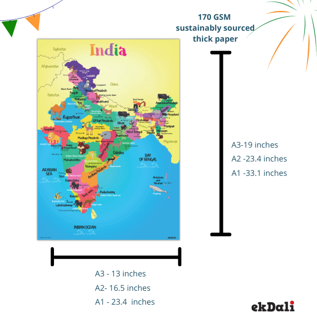 India Map with Animals Wall Chart, Wildlife Map of India
