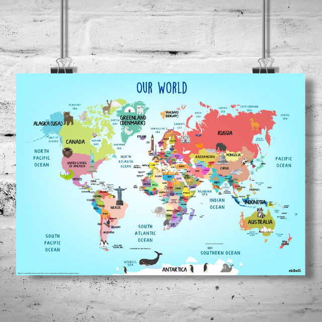 World Map with countries Chart for Children, World Map for Kids