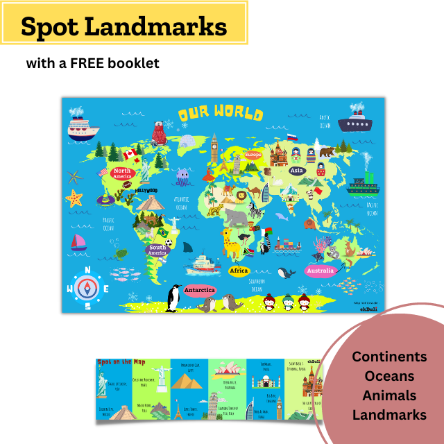 World Map for Kids with Landmarks, Animals continents and Oceans