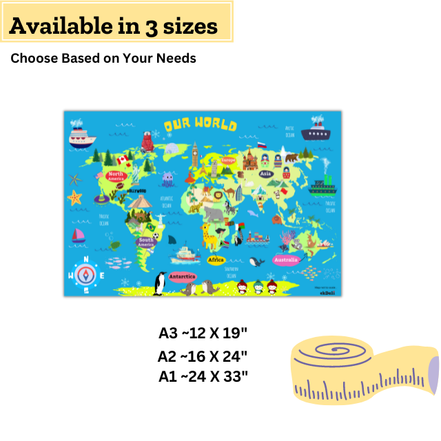 World Map for Kids with Landmarks, Animals continents and Oceans