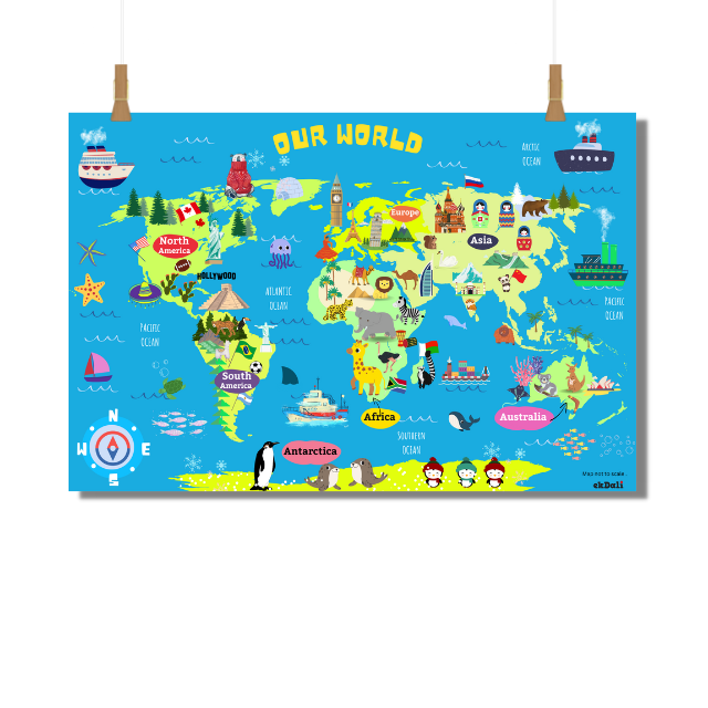 World Map for Kids with Landmarks, Animals continents and Oceans